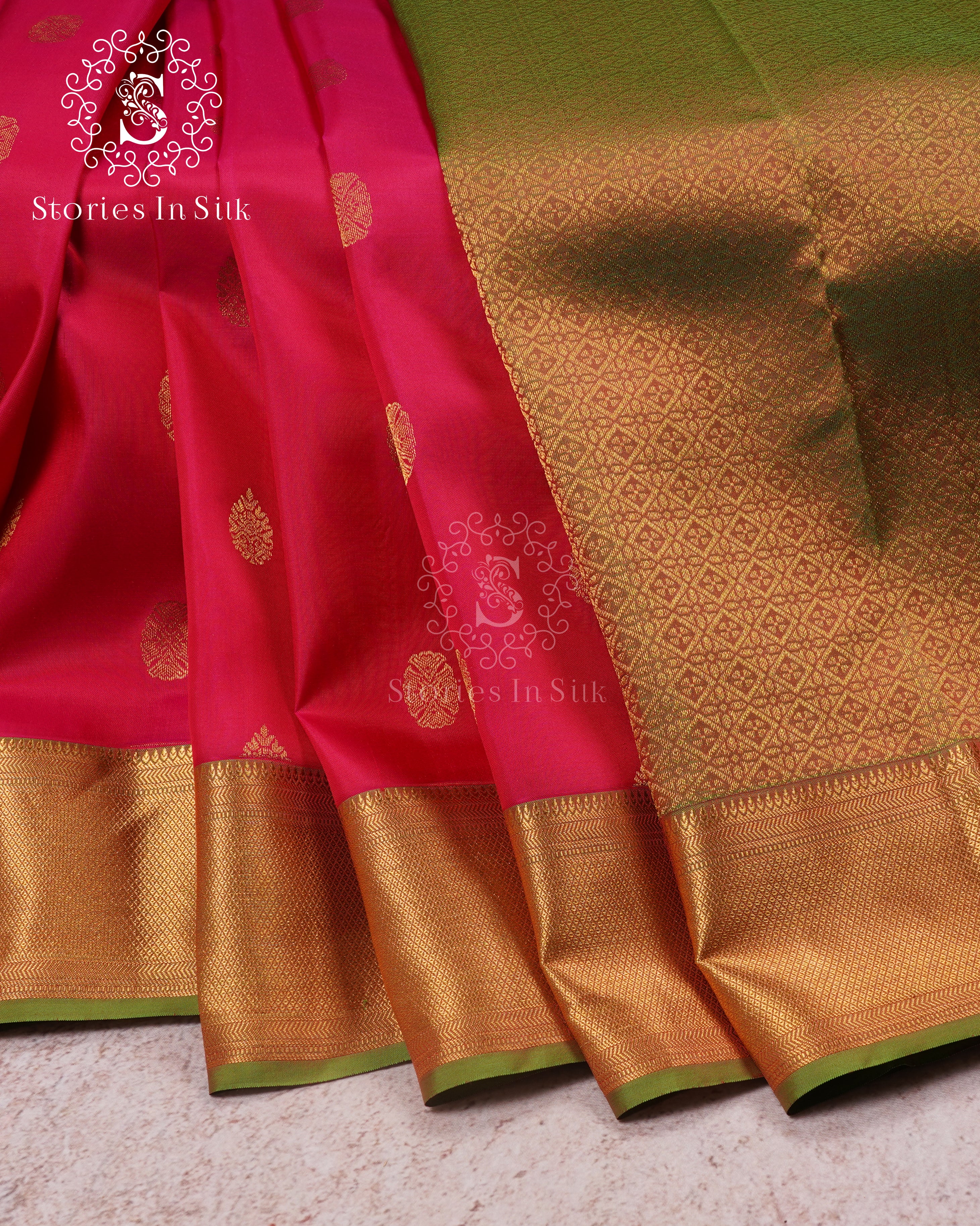 Golden Harmony Rani Pink Pure Silk Saree – Stories in Silk